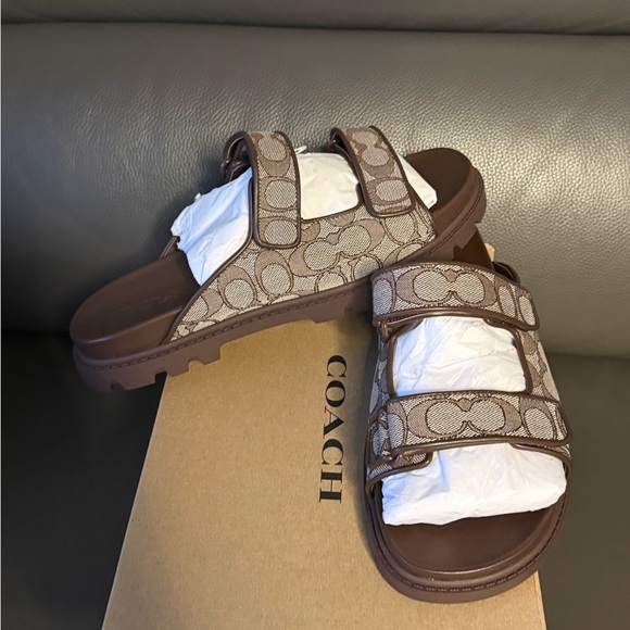 Coach | Shoes | Coach Tan And Brown Monogram Slides | Poshmark